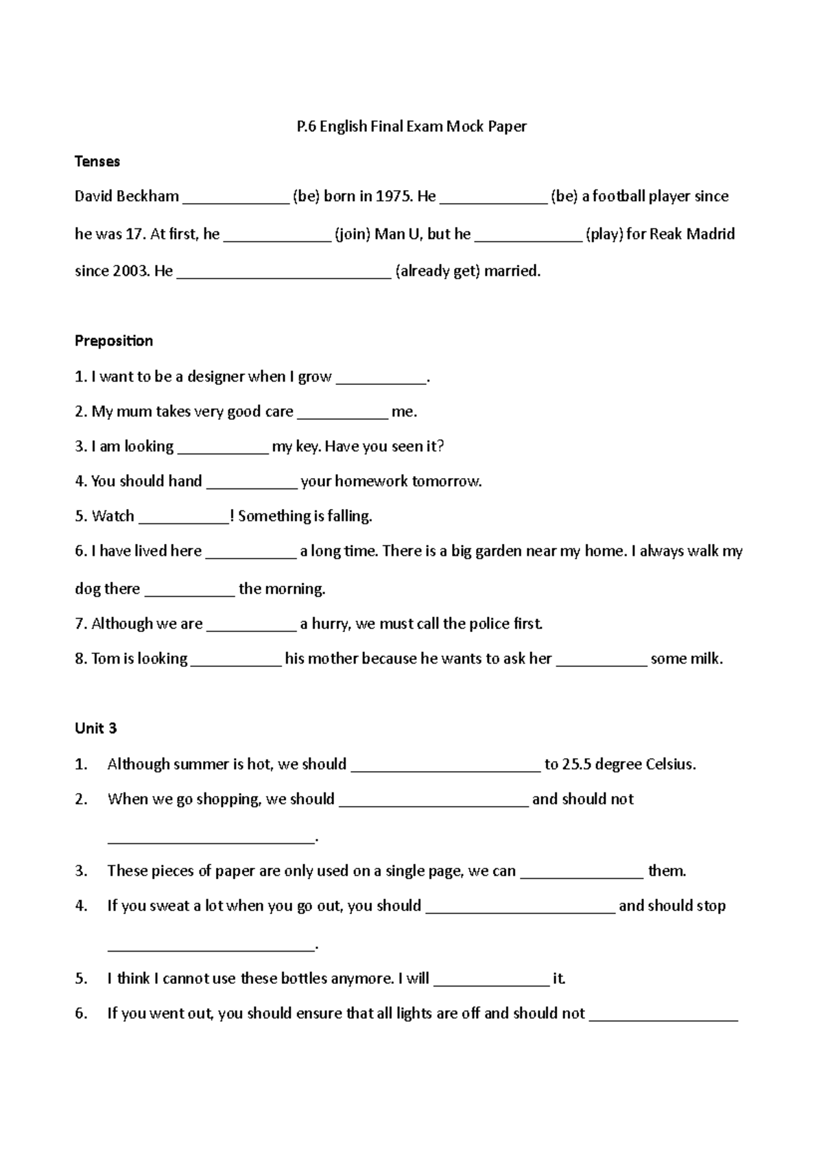 P.6 ENG Final Exam Mock - P English Final Exam Mock Paper Tenses David ...