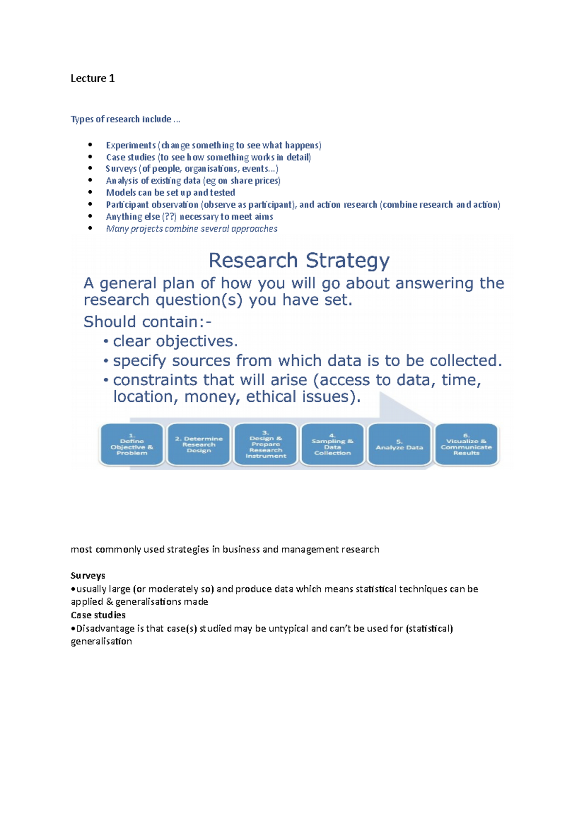 Lecture notes - Lecture 1 Types of research include ... Experiments ...