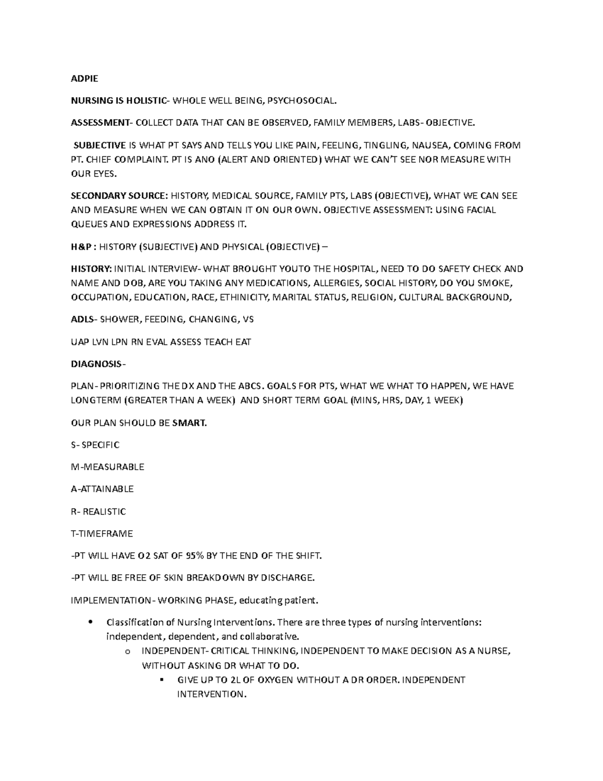 Adpie notes - study note - ADPIE NURSING IS HOLISTIC- WHOLE WELL BEING ...