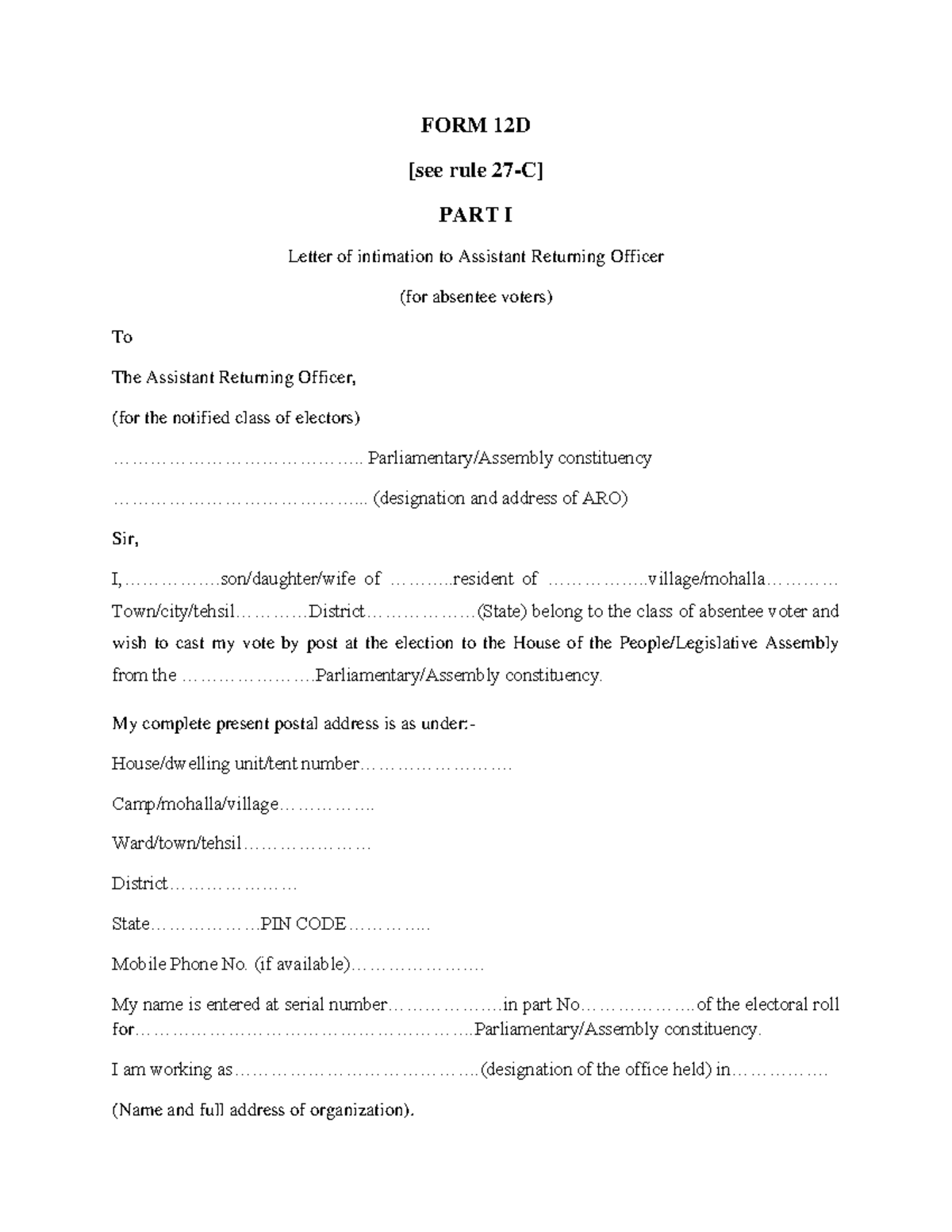FORM 12D - hi hi hi hi - FORM 12D [see rule 27-C] PART I Letter of ...