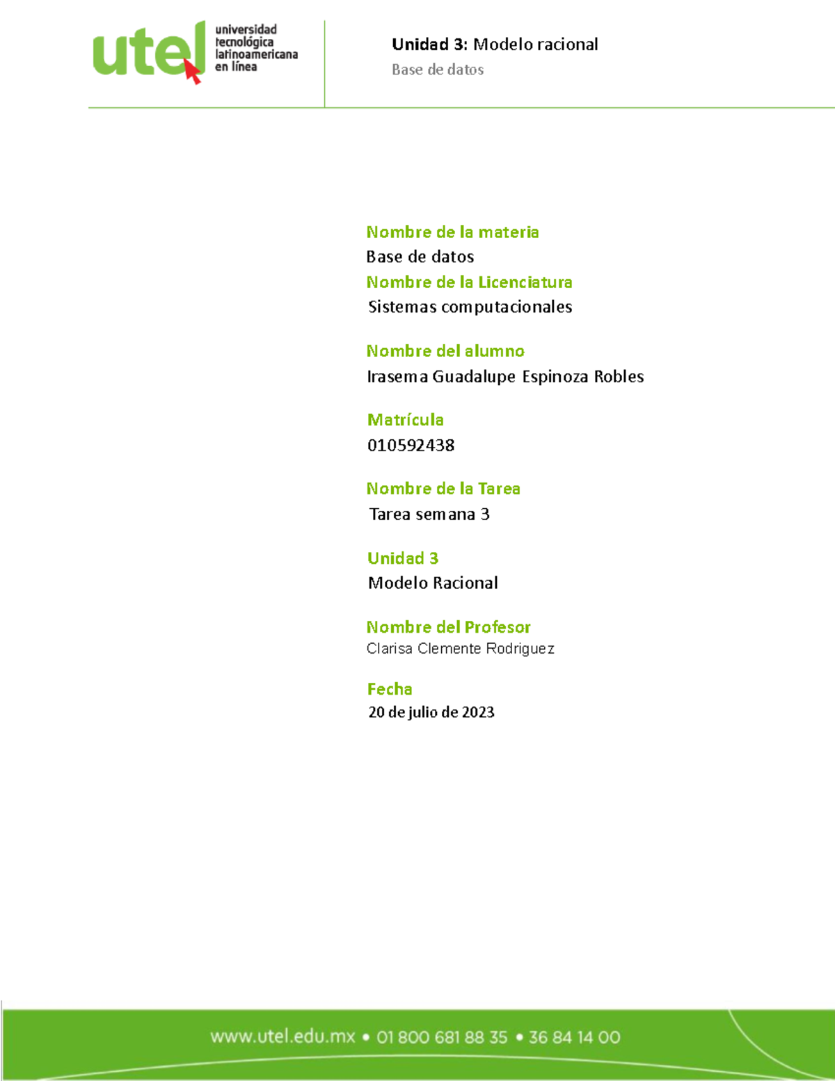 Base de datos - Ejercicio - Base de datos Nombre de la materia Base de datos Nombre de la - Studocu