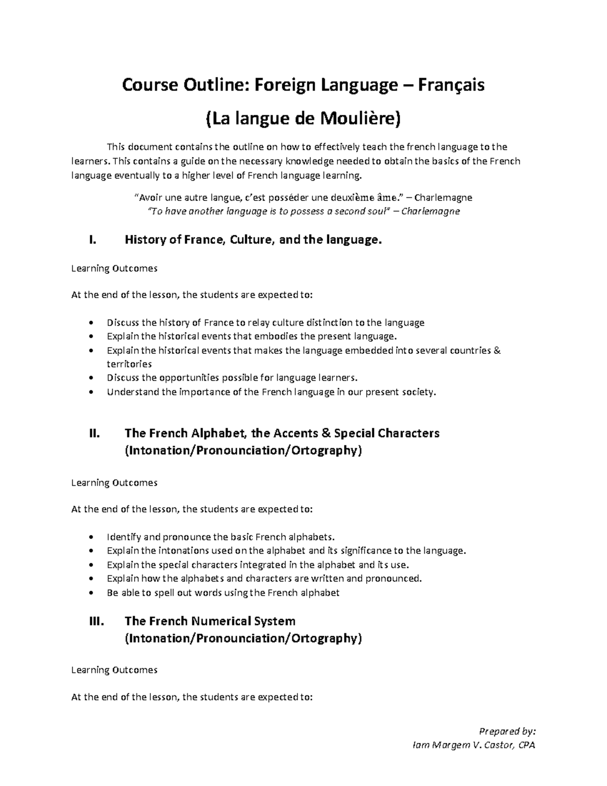 Plan du cours Anglais - French - Prepared by: Course Outline: Foreign ...