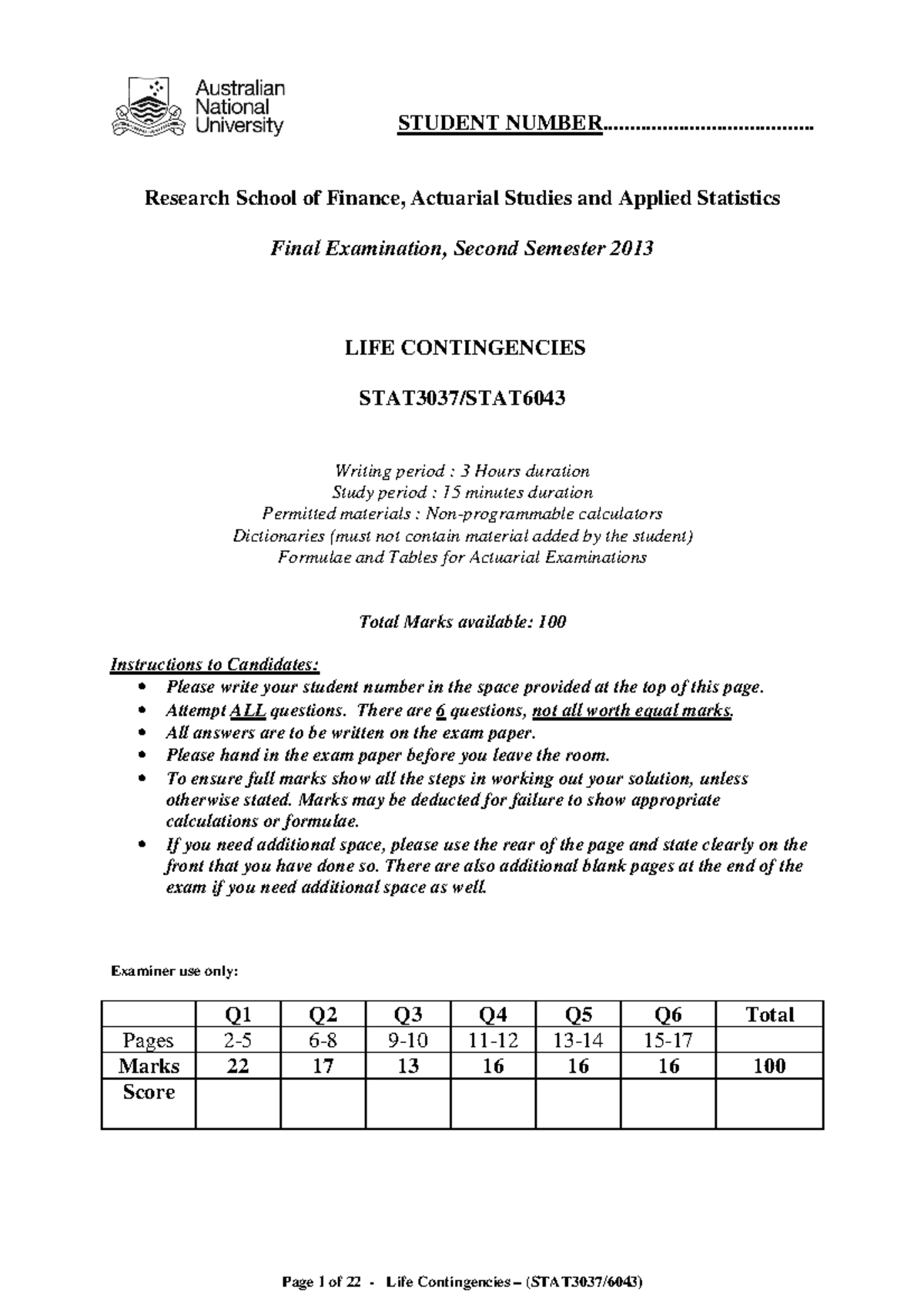 STAT3037 Final Exam 2013 solutions - STUDENT NUMBER