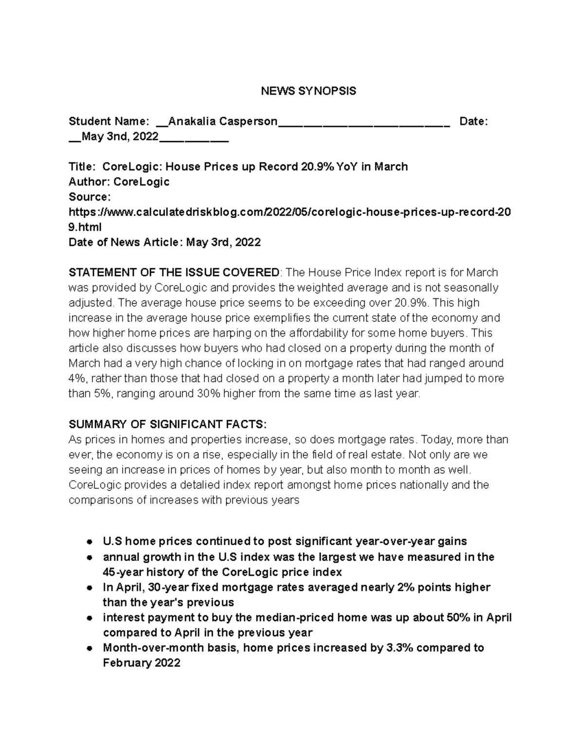 NEWS Synopsis (Mortgages WK 15 News) - NEWS SYNOPSIS Student Name ...
