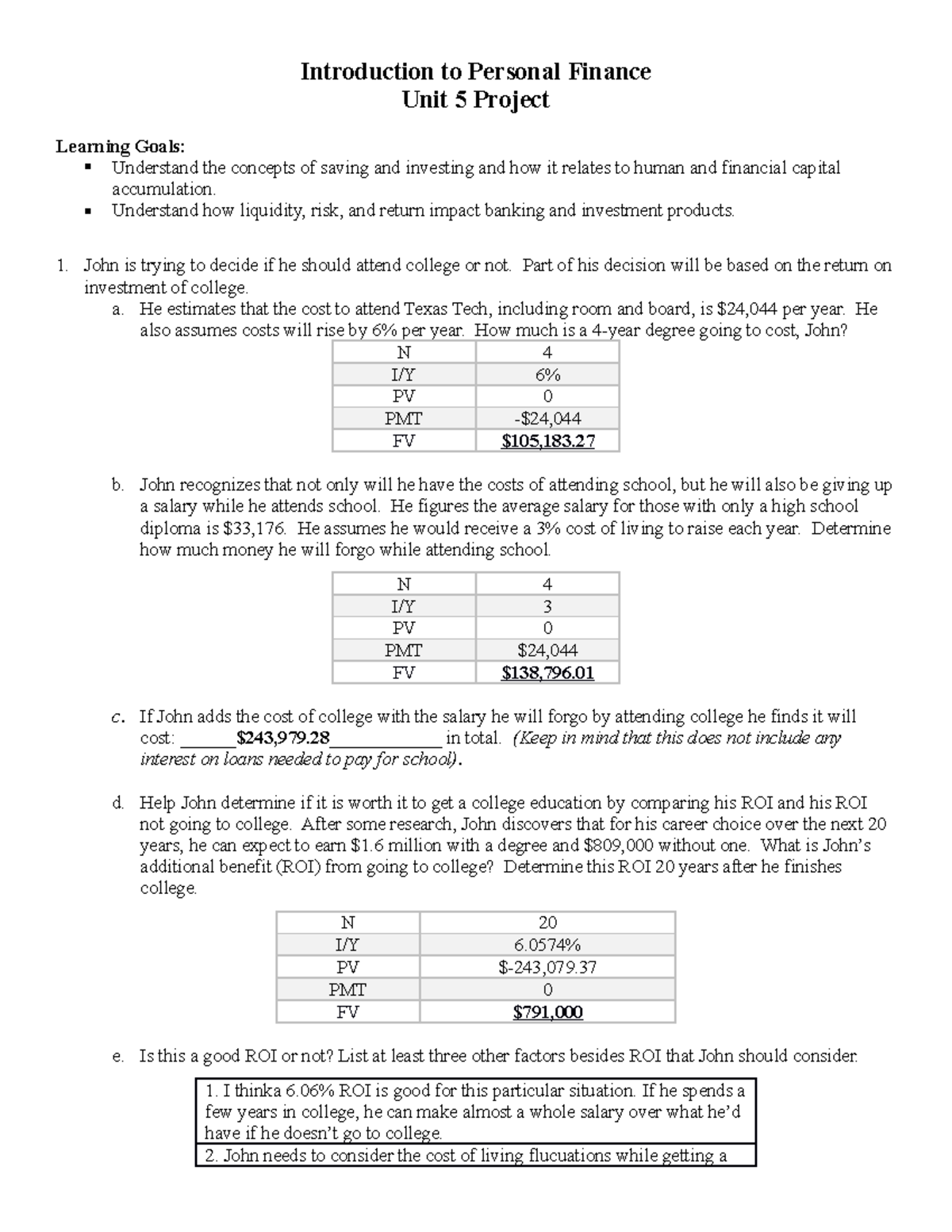 Unit 5 Project - TTU - Introduction to Personal Finance Unit 5 Project ...