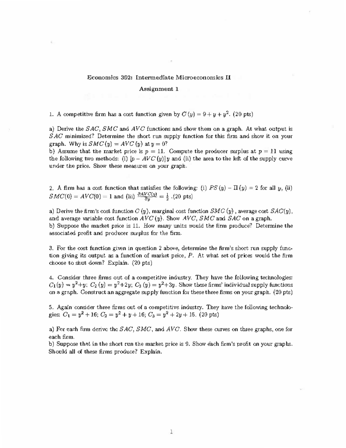 Ass1-22f - Assignment 1 - Economics 302: Intermediate Microeconomics II Assignment 1 1. A - Studocu