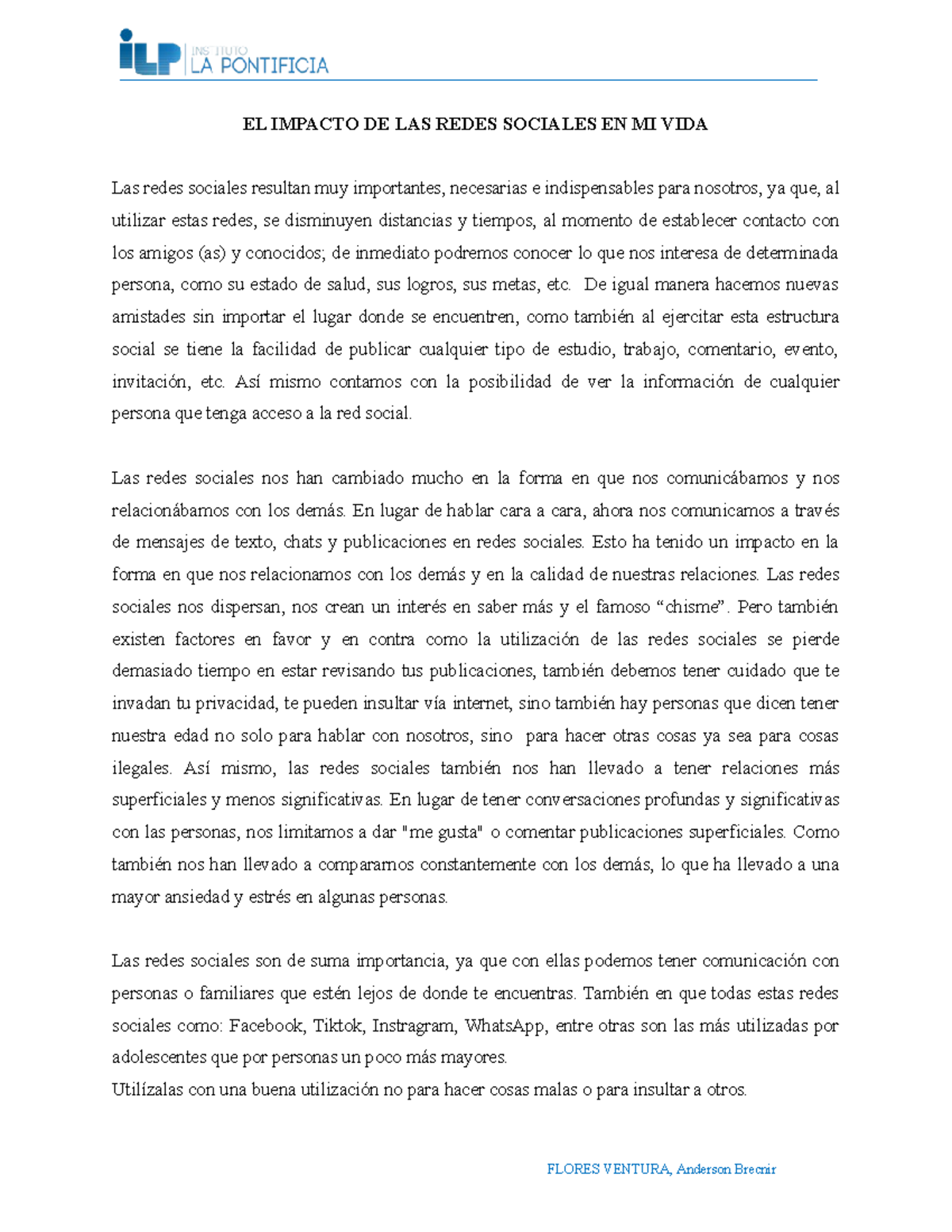 Ensayo - EL IMPACTO DE LAS REDES SOCIALES EN MI VIDA Las redes sociales ...