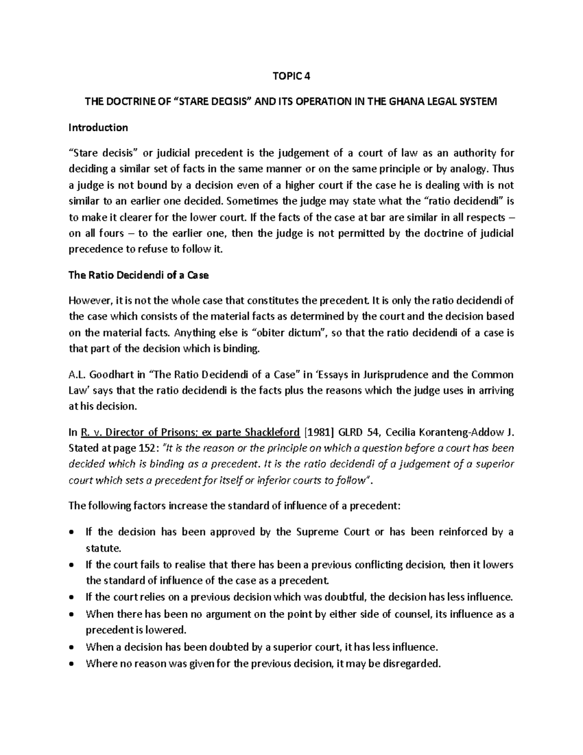 Topic 4 Legal Method - Lecture notes - TOPIC 4 THE DOCTRINE OF “STARE ...