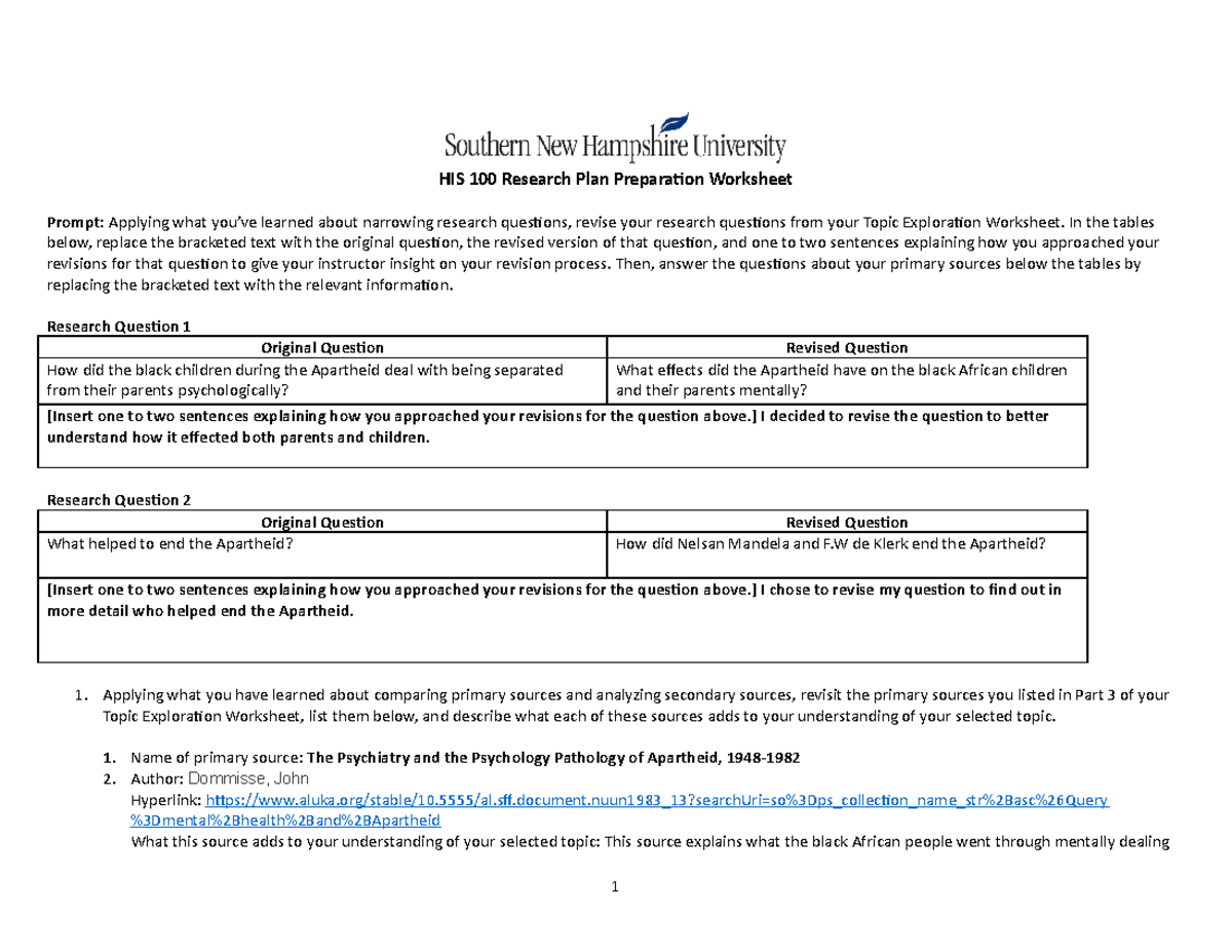 Apartheid - HIS 100 Research Plan Preparation Worksheet Prompt ...