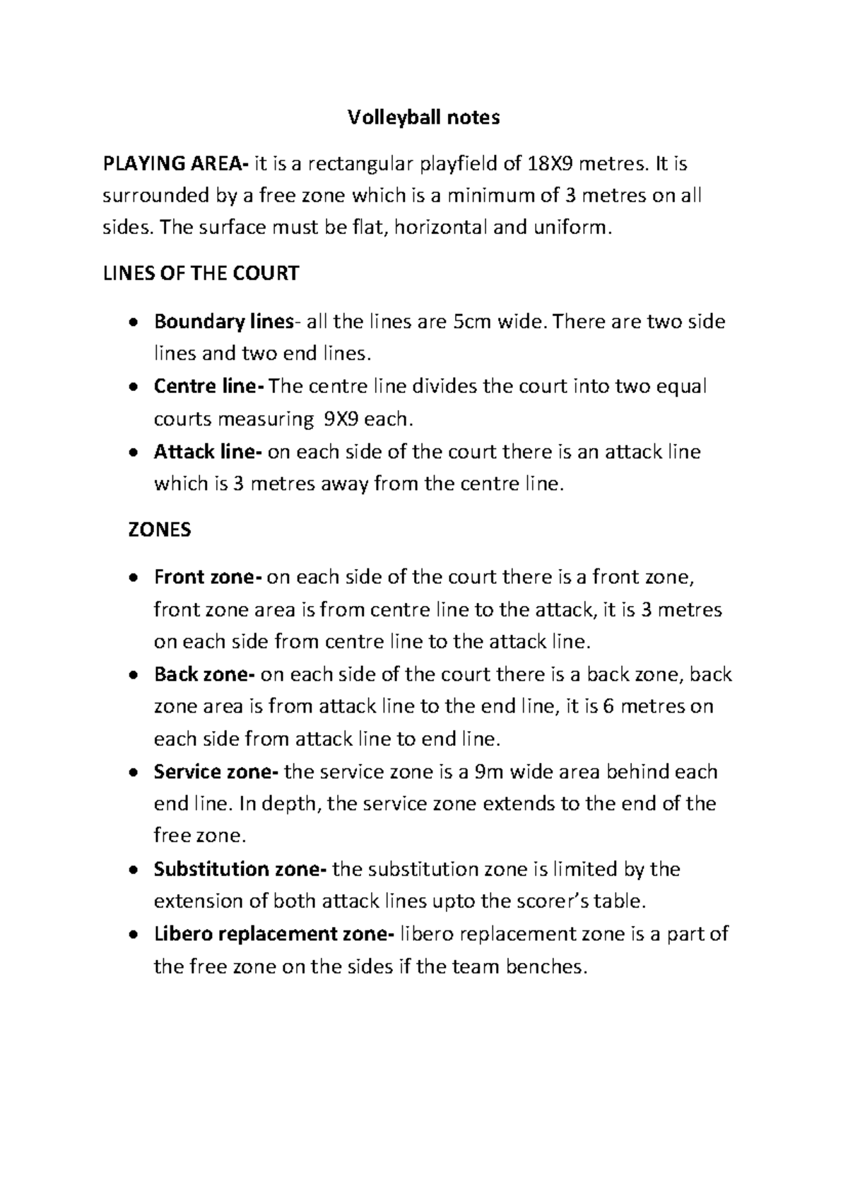 Volleyball notes from starting - Volleyball notes PLAYING AREA- it is a ...