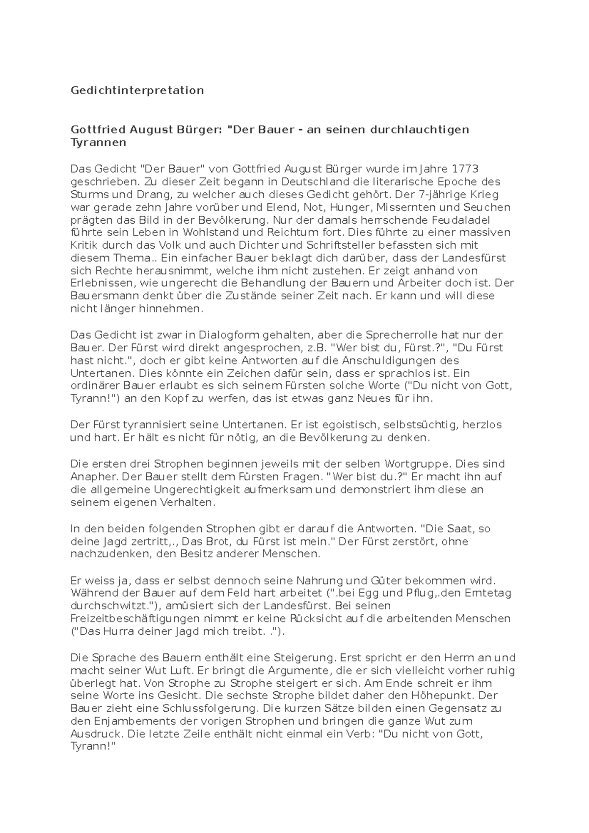 Gedichtinterpretation - Gedichtinterpretation Gottfried August Bürger ...