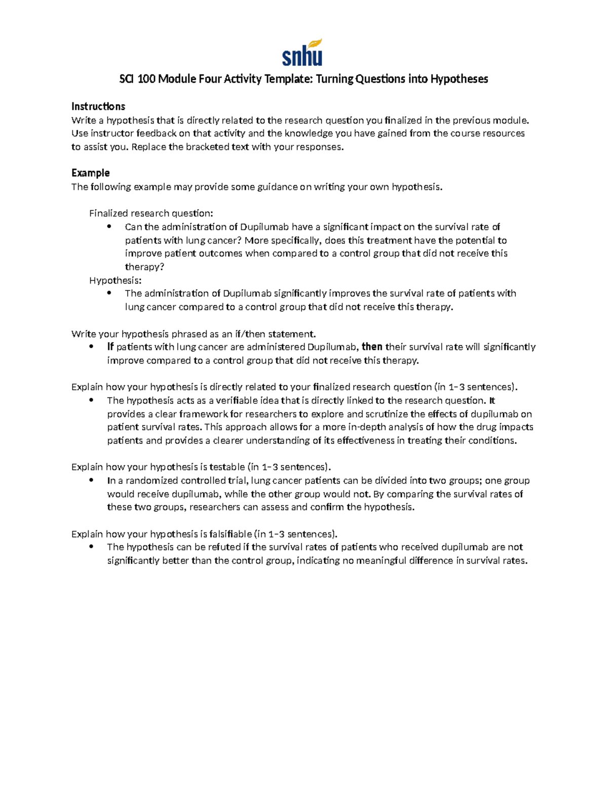 SCI 100 Module Four Activity - Use instructor feedback on that activity ...