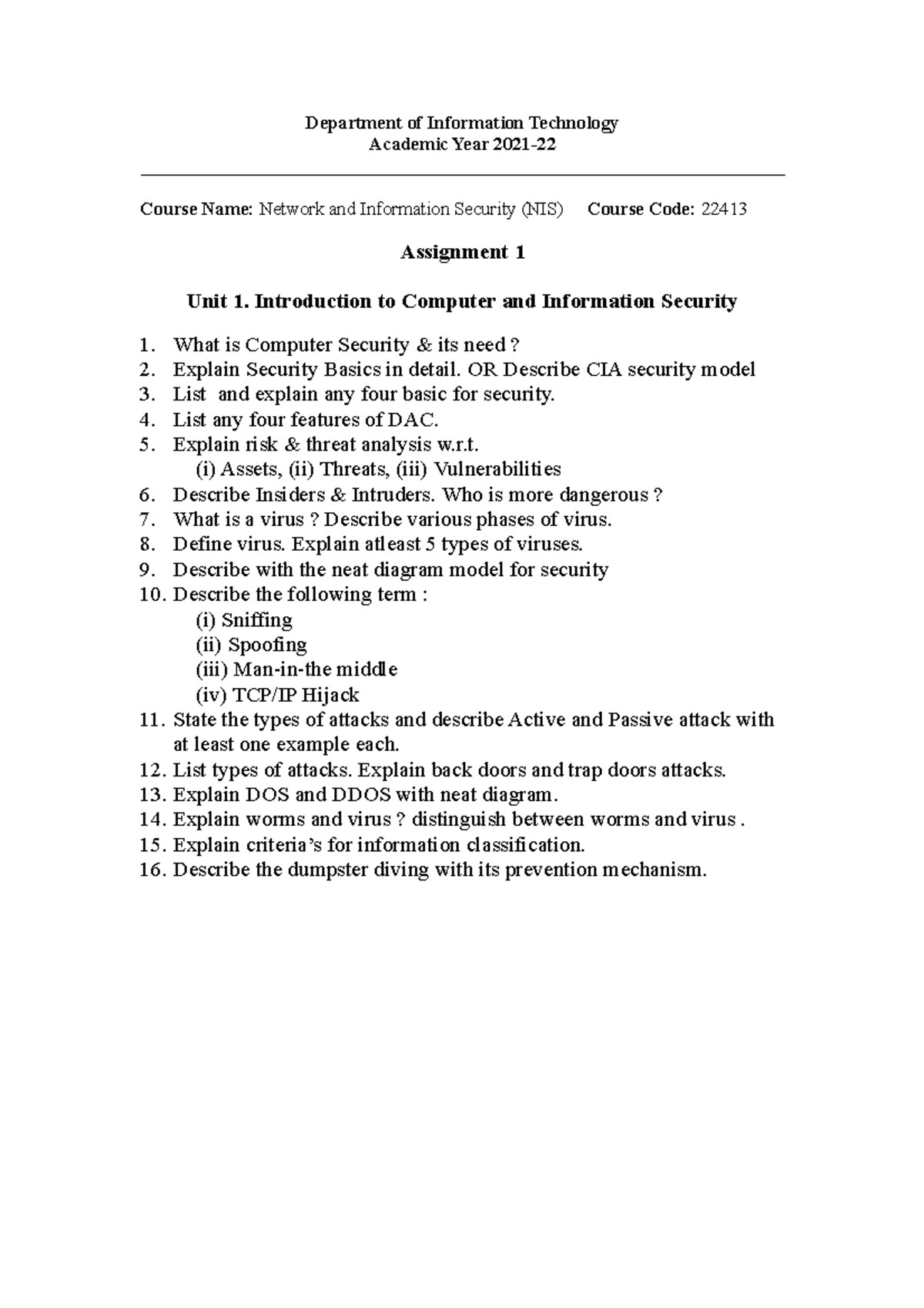 NIS 22620 UNIT 1 Assignment - Department of Information Technology Academic Year 2021- Course ...