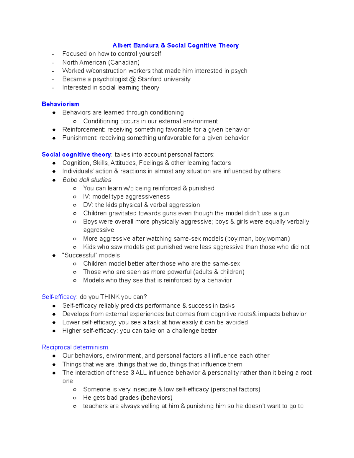 Albert Bandura notes - Albert Bandura & Social Cognitive Theory Focused ...