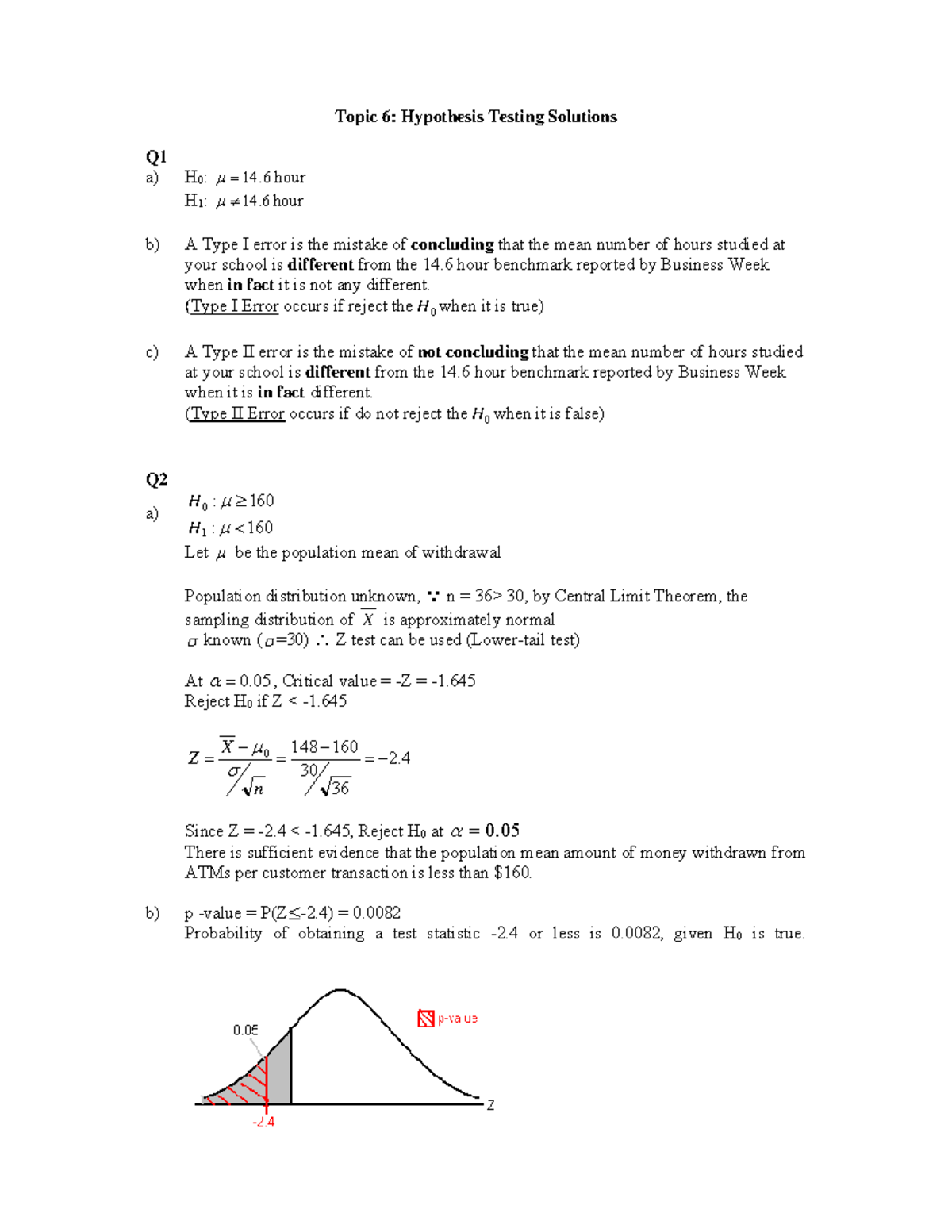 Topic 6 Solutions - tutorial question solution - Topic 6: Hypothesis ...