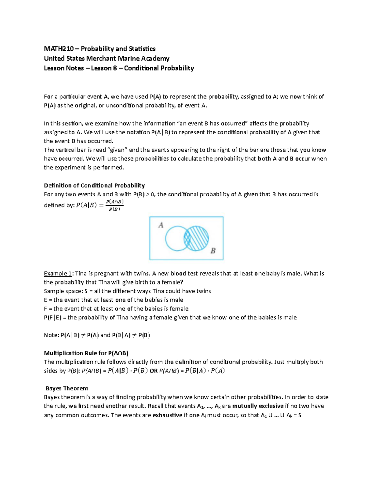 MATH210 Probability and Statistics Lesson notes 8 Conditional ...