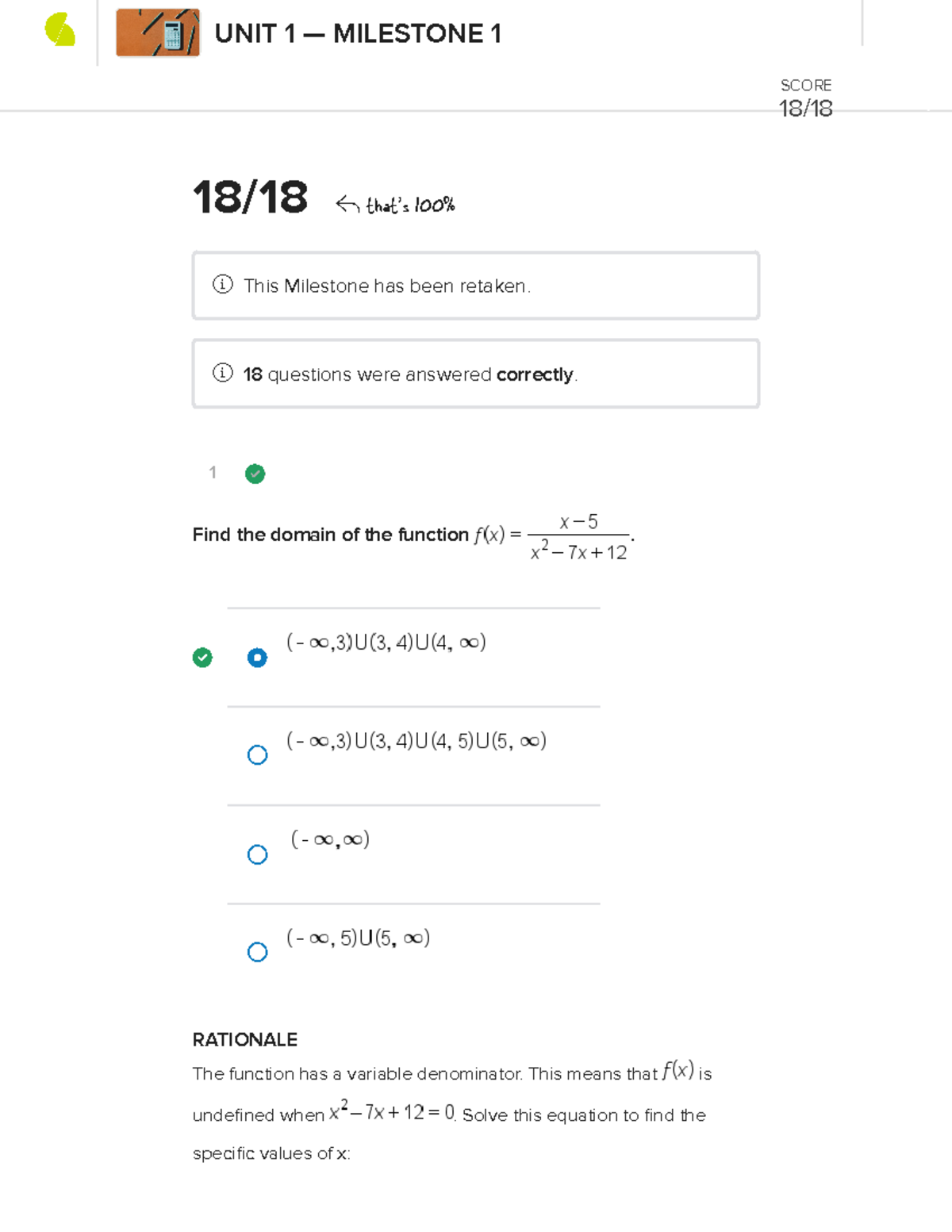 Precal unit 1 again - Pre‐cal unit 1 milestone - 1 18/18 that's 100% ...