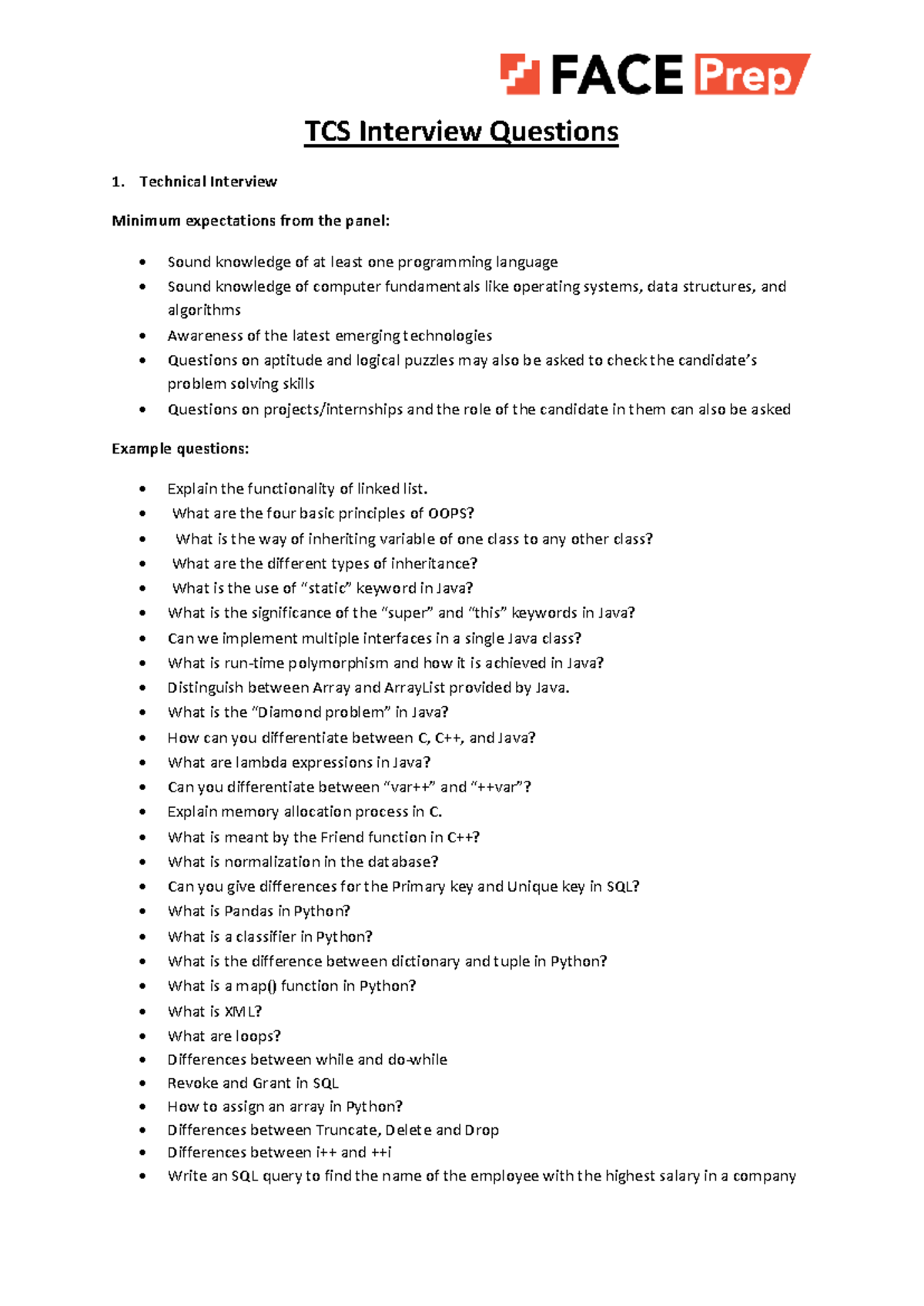 TCS Interview Prep - practise - TCS Interview Questions Technical Interview Minimum expectations ...