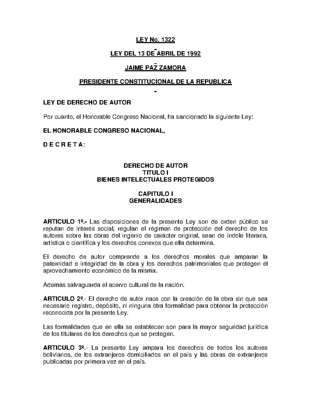 1275419827 24. Bolivia. Ley de derecho de autor - LEY No. 1322 LEY DEL ...