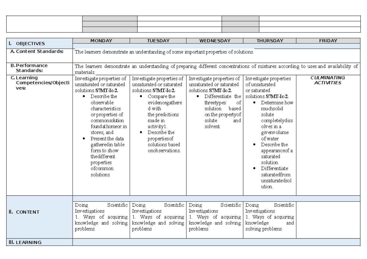 Grade 7 students - I. OBJECTIVES MONDAY TUESDAY WEDNESDAY THURSDAY ...