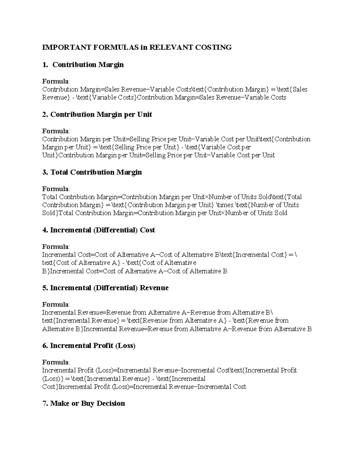 Relevant Costing - IMPORTANT FORMULAS in RELEVANT COSTING 1 ...