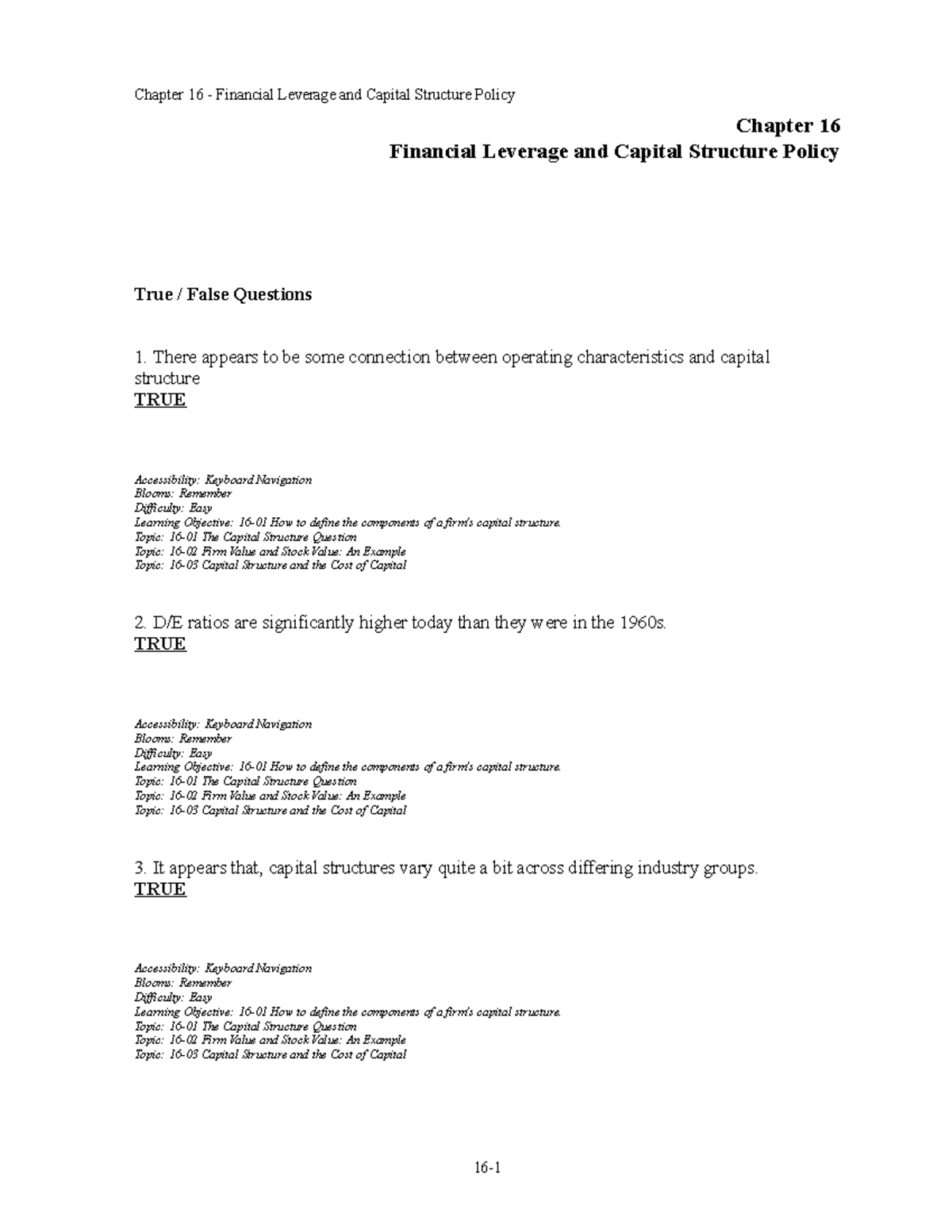 Chap016 - Practice questions for chapter 16 - Chapter 16 Financial Leverage and Capital ...