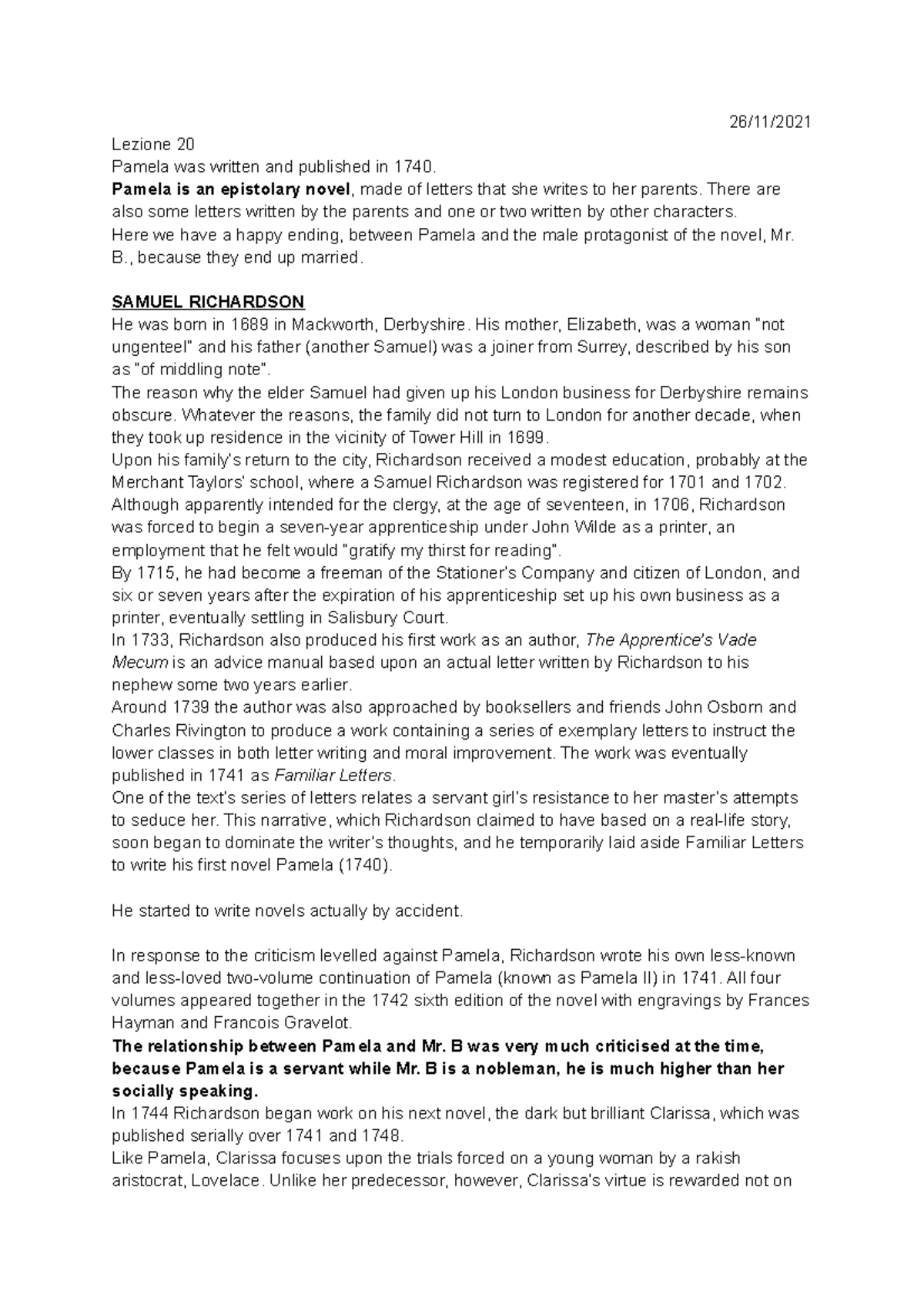 Pamela, Richardson - 26/11/ Lezione 20 Pamela was written and published ...