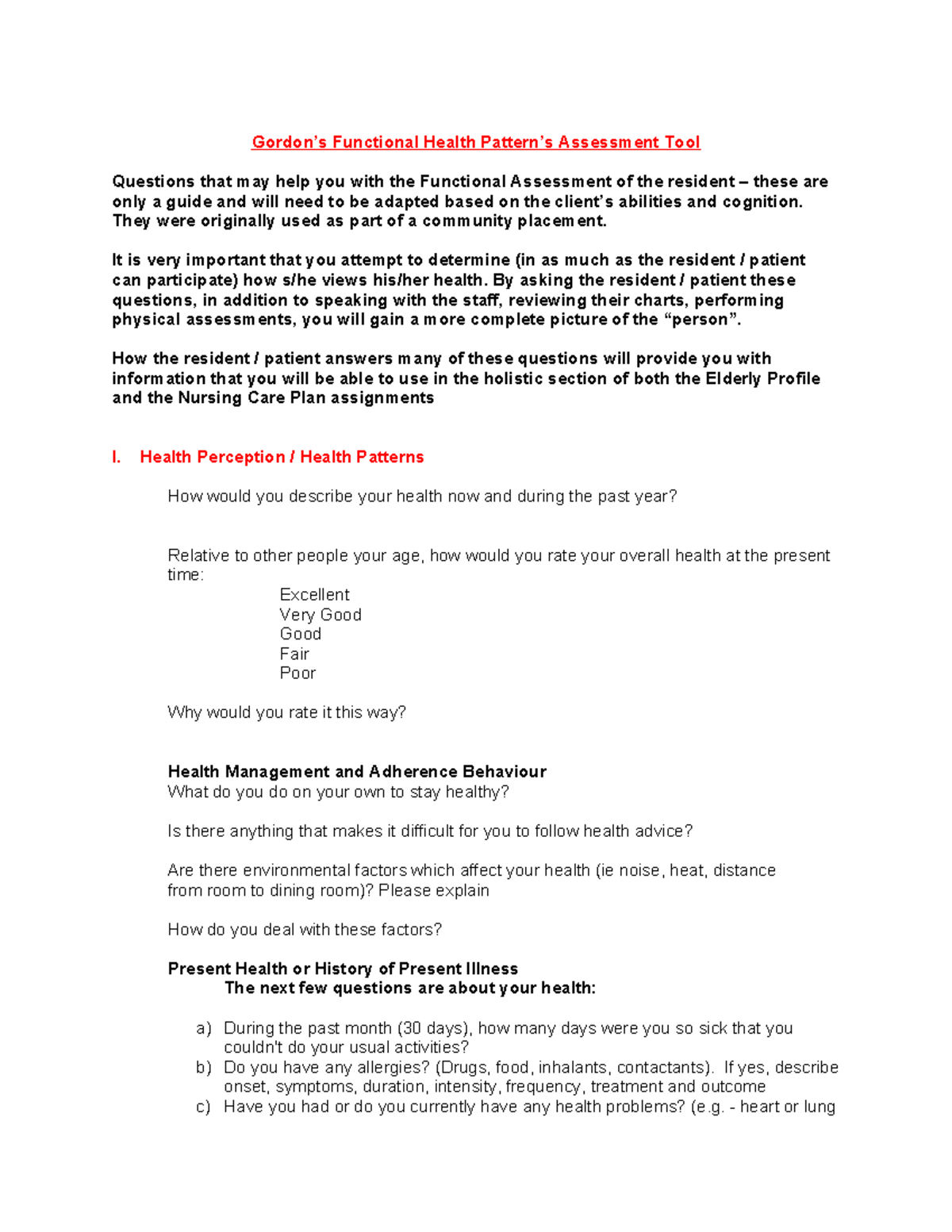 Gordon's FHP Assessment Tool Questionnaire - Gordon’s Functional Health ...
