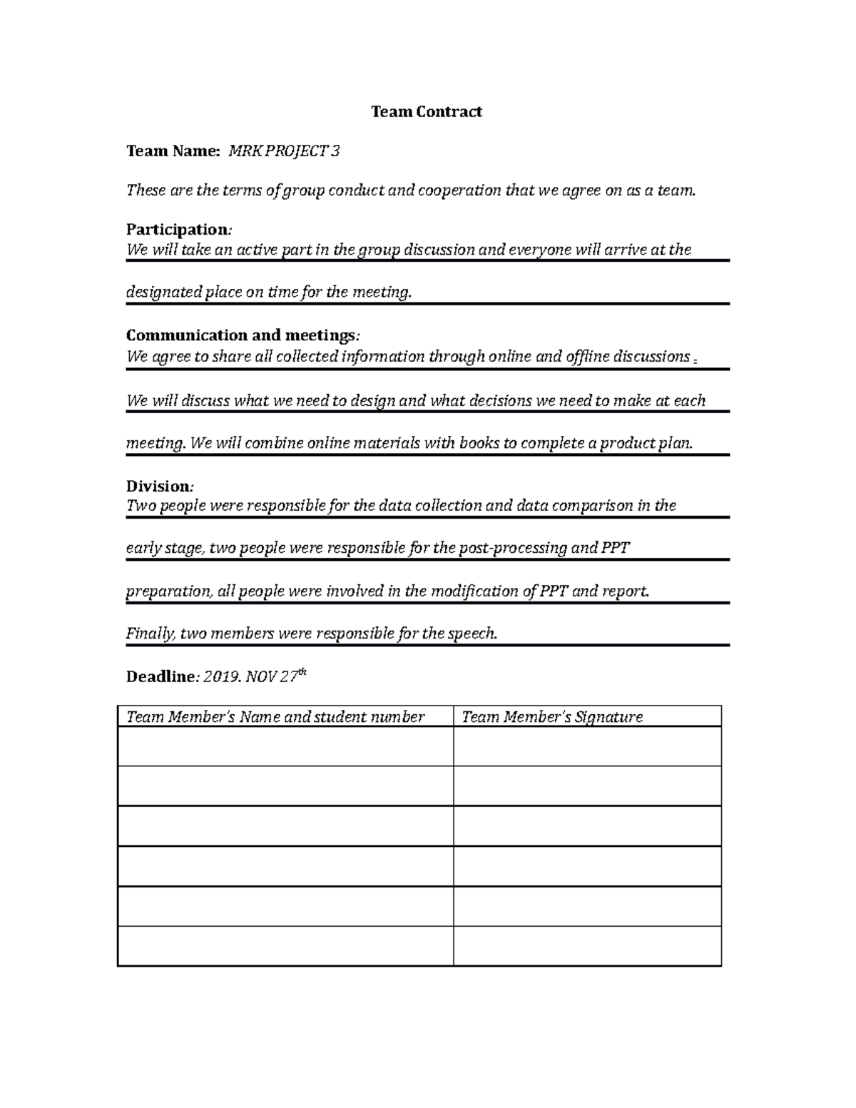 Team contract - Module - Team Contract Team Name: MRK PROJECT 3 These ...