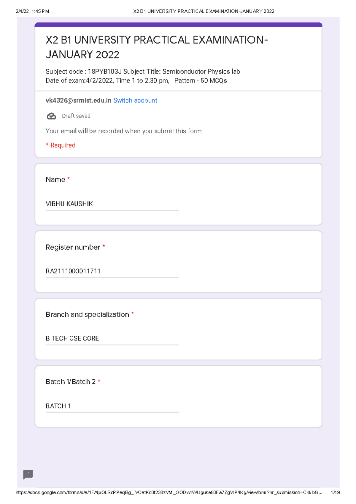 BEEE UNIV Practical RA2111003011711 - X2 B1 UNIVERSITY PRACTICAL EXAMINATION- JANUARY 2022 ...