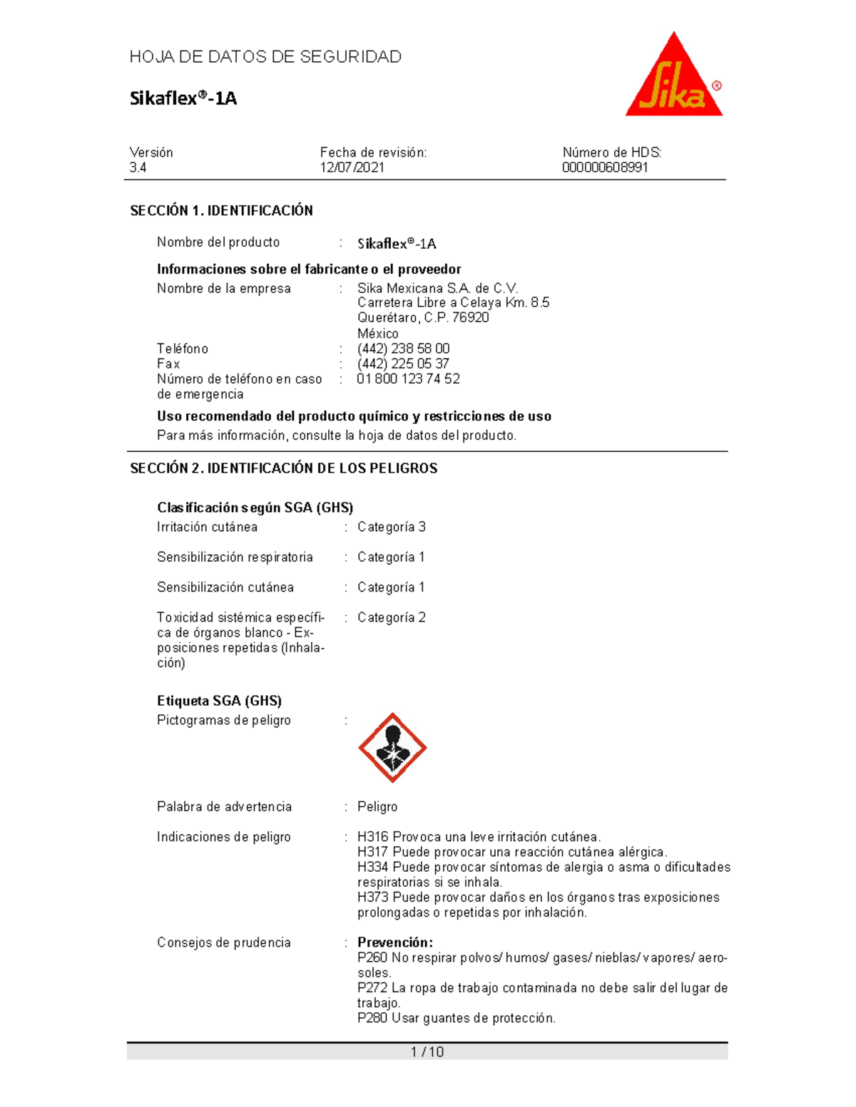 HDS Sikaflex-1a - SELLADOR - Sikaflex®-1A Versión 3. 4 Fecha de ...