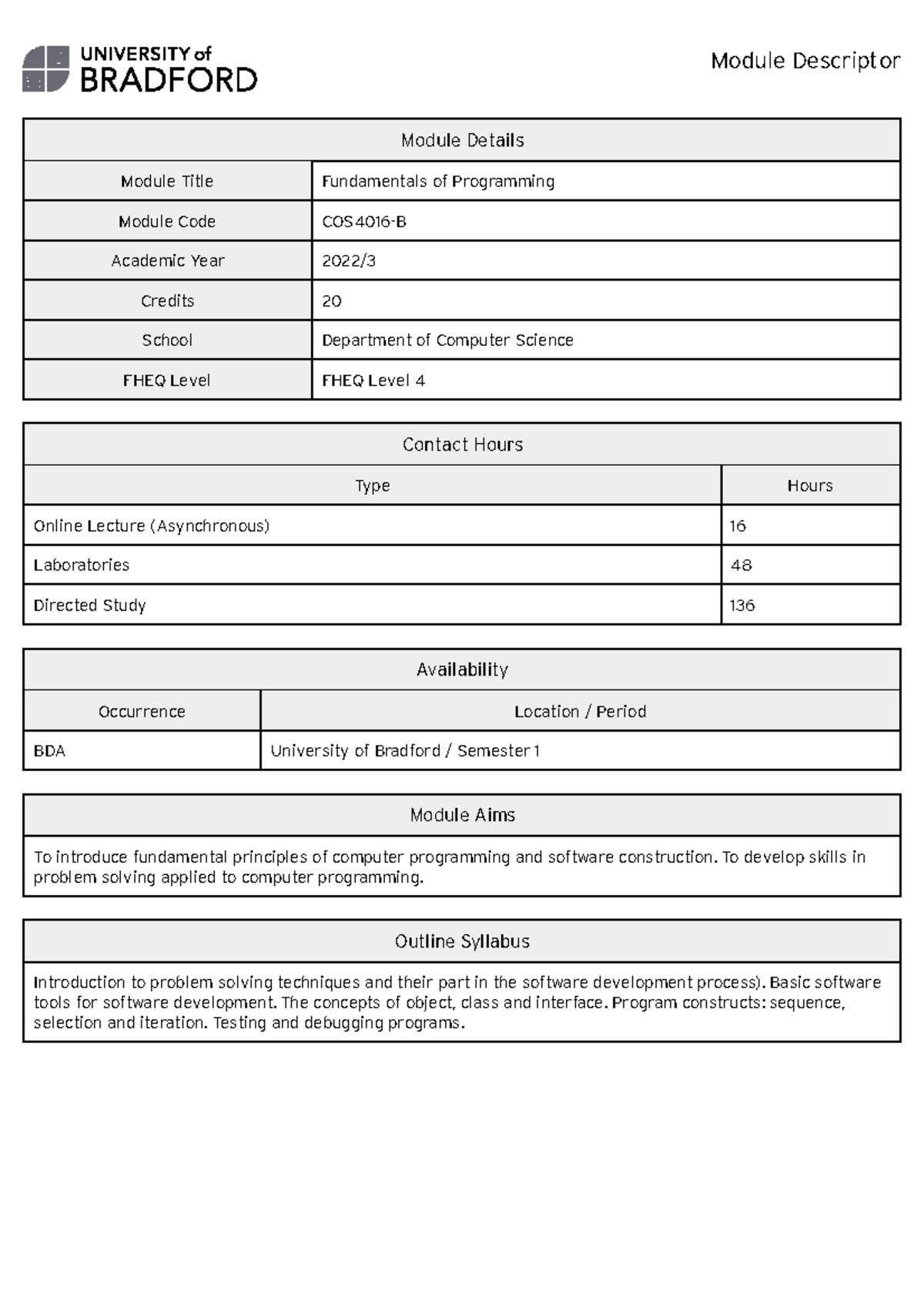 Syllabus - Module Three - Module Descriptor Module Details Module Title ...