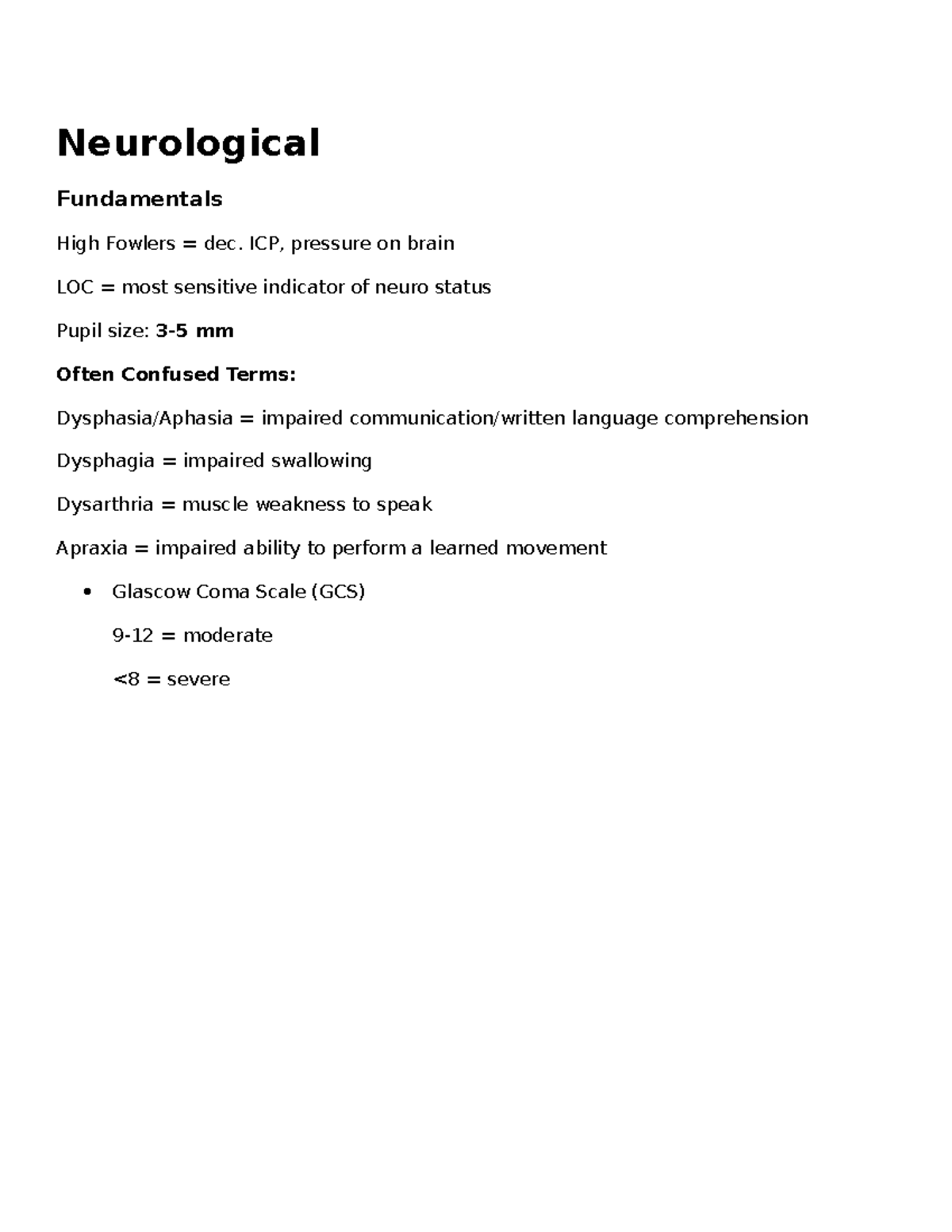 Neurological - nursing - Neurological Fundamentals High Fowlers = dec ...