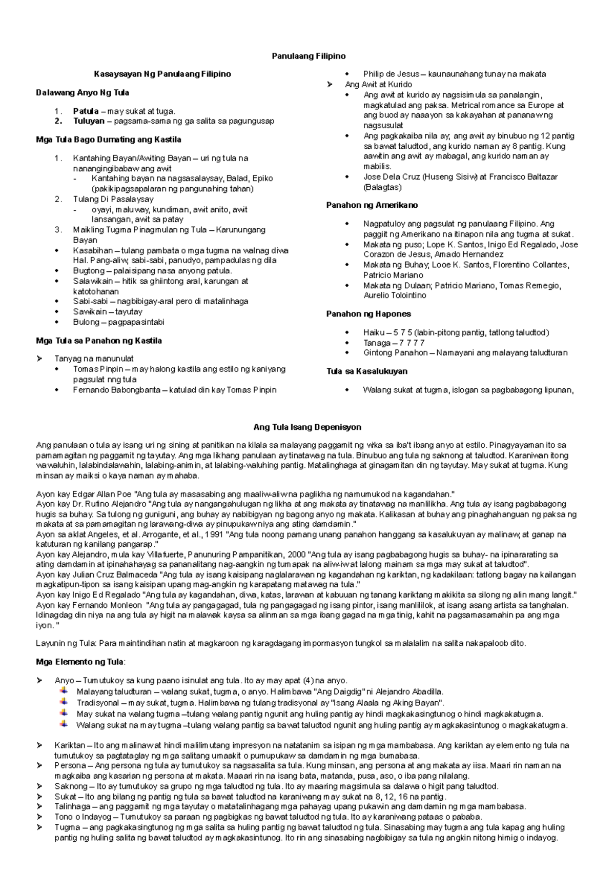 Reviewer Panulaan - Panulaang Filipino Kasaysayan Ng Panulaang Filipino ...
