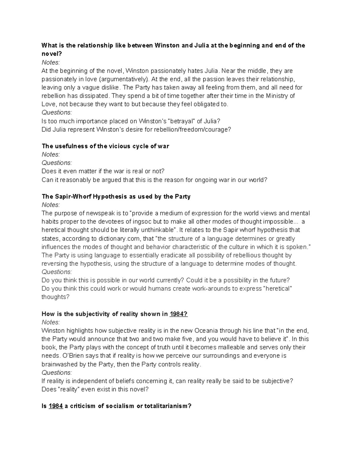 1984 - Notes on 1984 - What is the relationship like between Winston ...