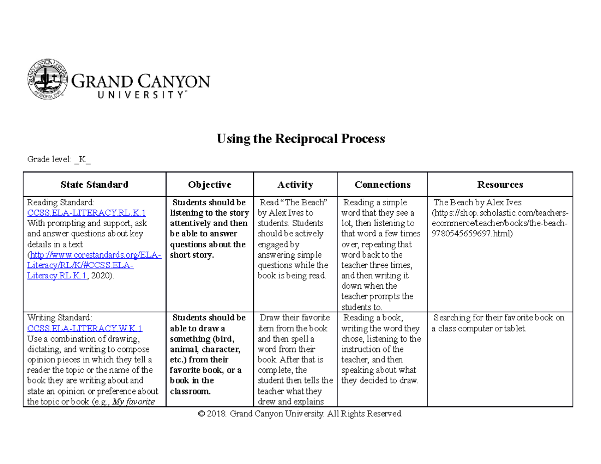 Reciprocal Process - Using the Reciprocal Process Grade level: K State ...