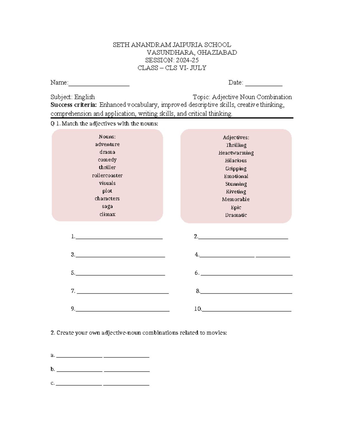 Adjective Noun combination document - July- August - SETH ANANDRAM ...
