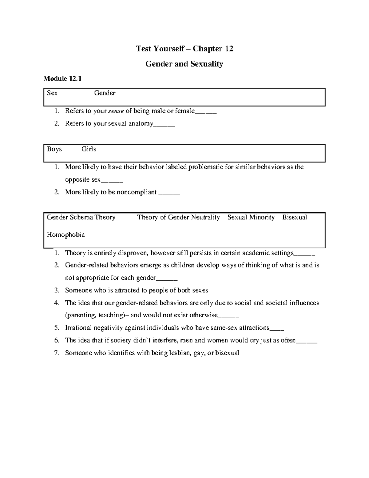 Test Yourself – Chapter 12 - Test Yourself – Chapter 12 Gender and ...