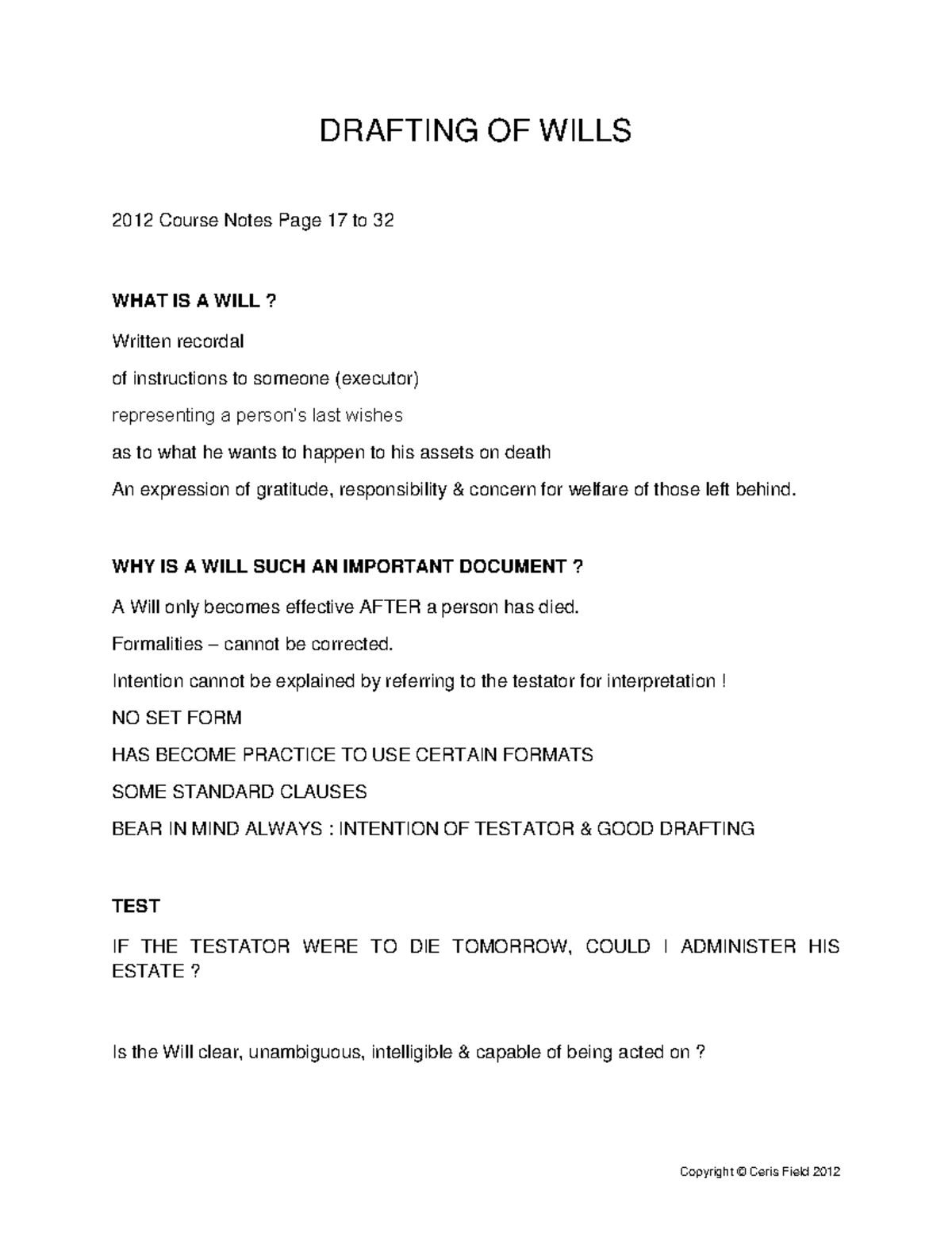 Various clauses in a will drafting - DRAFTING OF WILLS 2012 Course ...