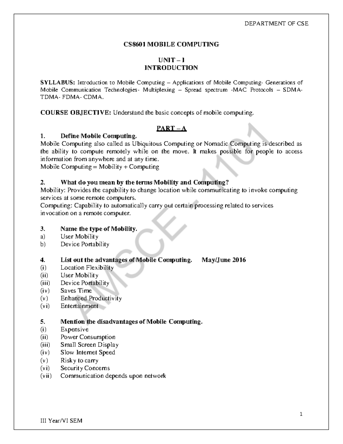 Cs8601 Mc Qb Mobile Computing 1 Department Of Cse Cs8601 Mobile Computing Unit I