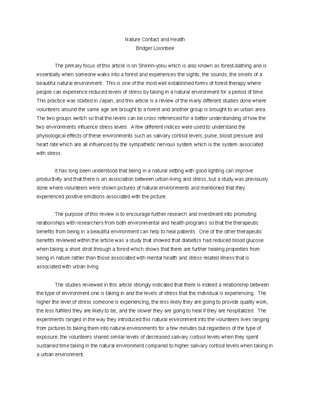 Nature contact and health - Nature Contact and Health Bridger Lisonbee ...