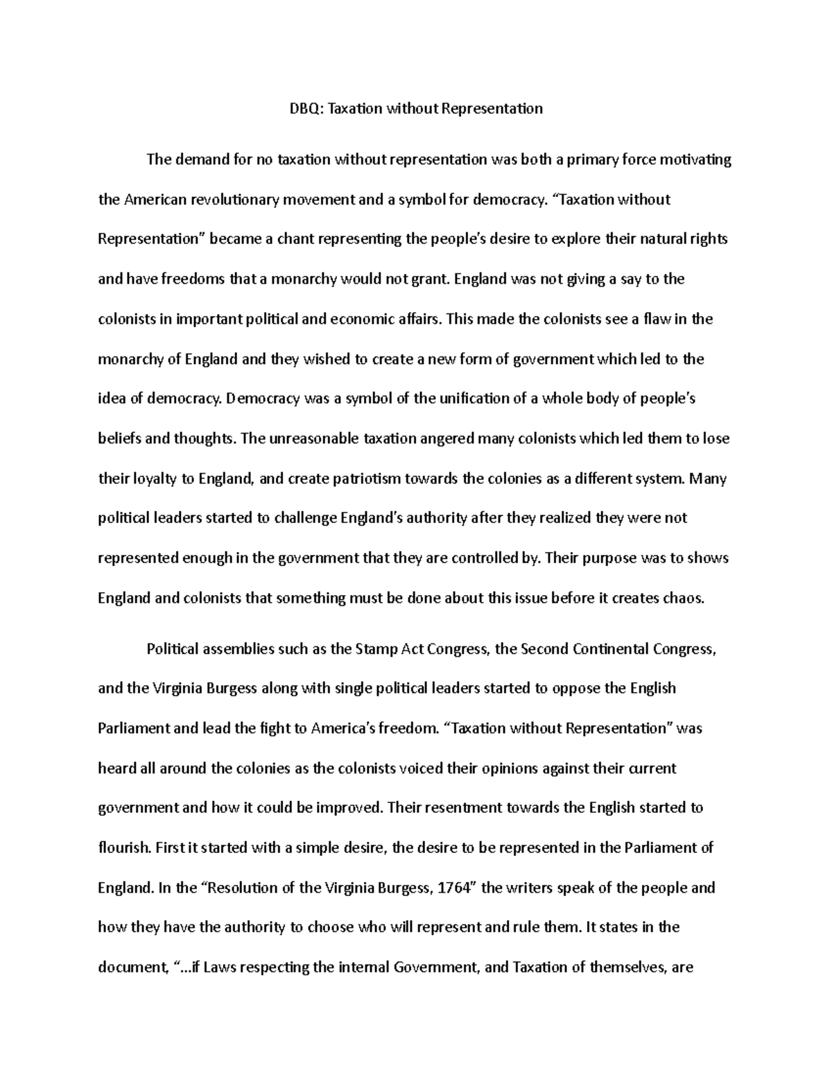Ap us history dbq - DBQ: Taxation without Representation The demand for ...