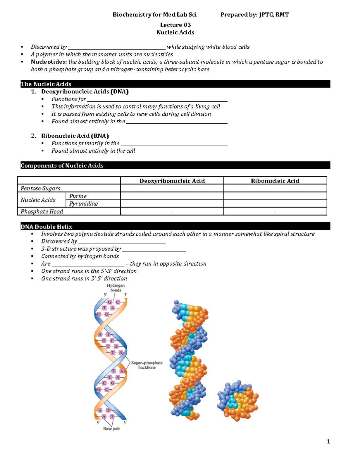 Nucleic Acid notes - Biochemistry for Med Lab Sci Prepared by: JPTC ...