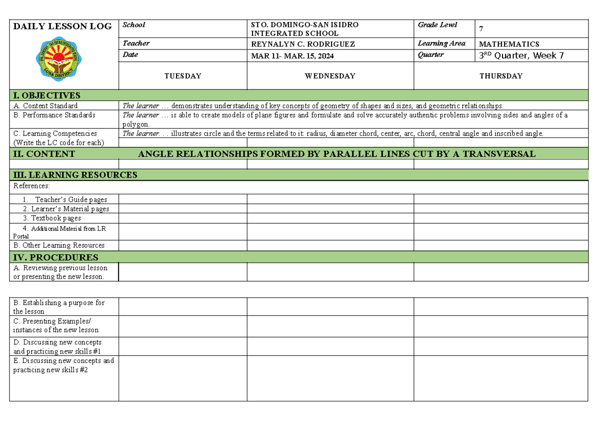 MAT H 7 Q3 WEEK 7 - dll in math 7 q3 - DAILY LESSON LOG School STO ...