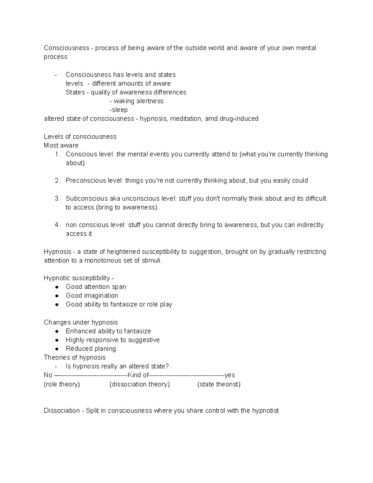 Psych 101 Notes - Consciousness - process of being aware of the outside ...