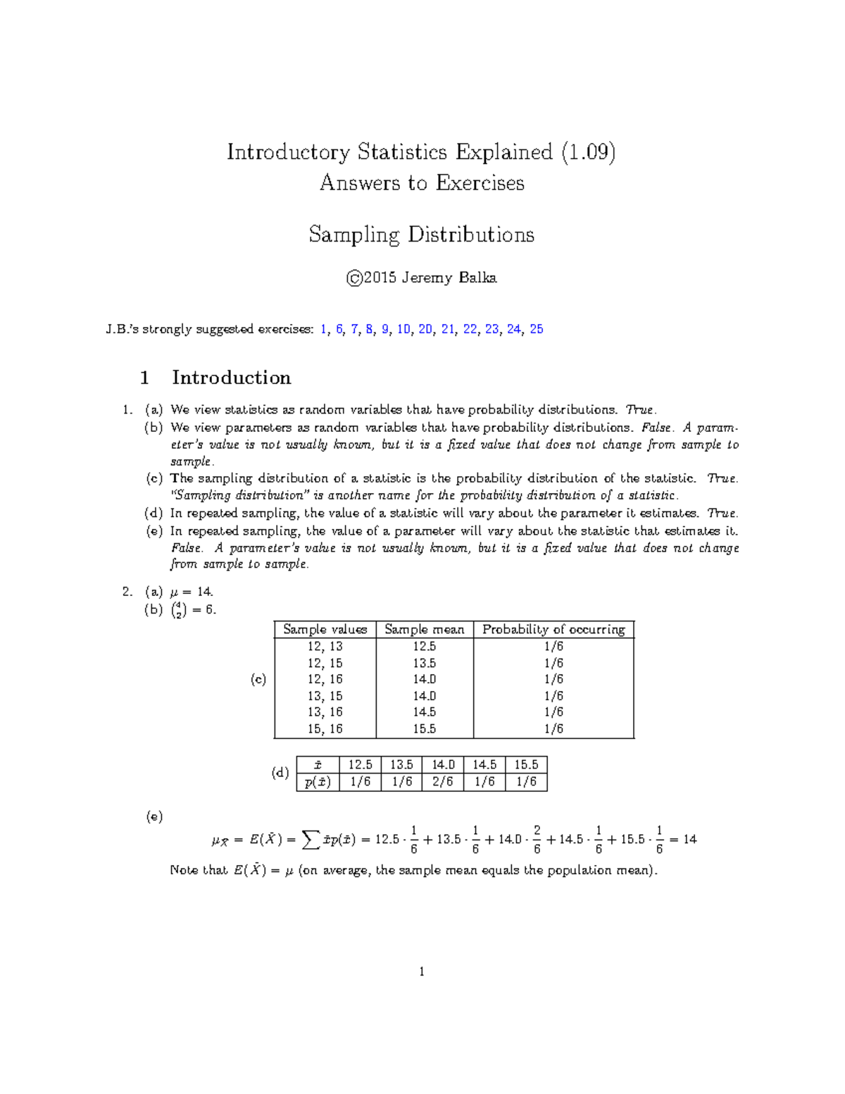 Unit 6 Exercise Answers - Introductory Statistics Explained (1) Answers to Exercises Sampling ...