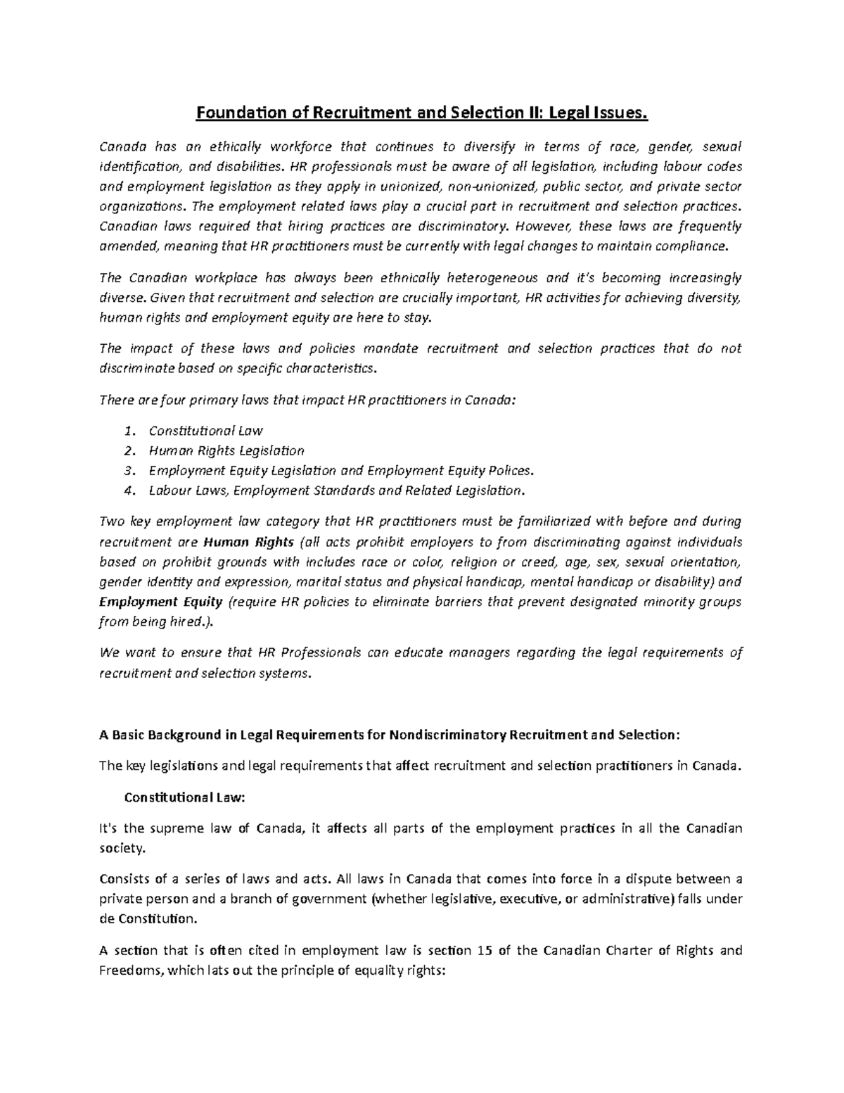 Module 3 - Foundation of Recruitment and Selection II - Legal Issues ...