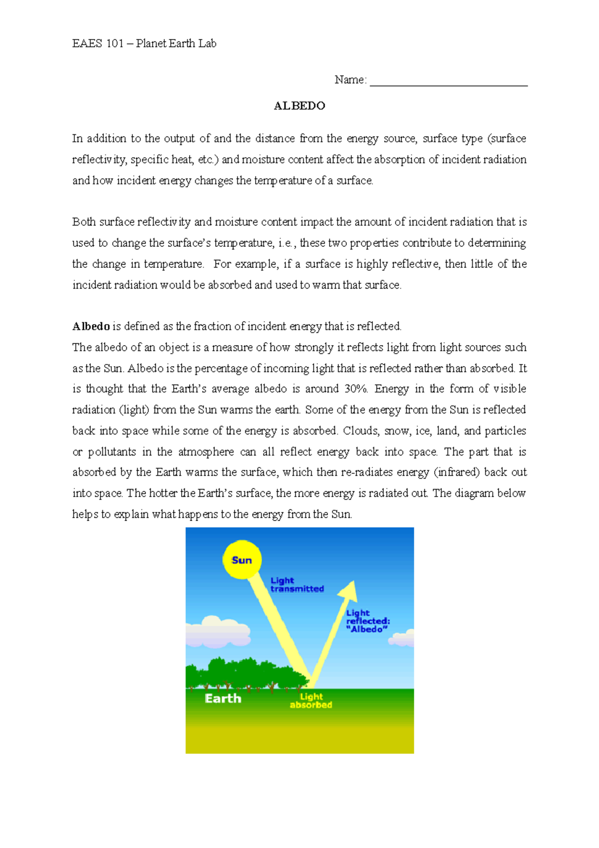 EAES+101-Albedo-Lab - Name: __________________________ ALBEDO In ...