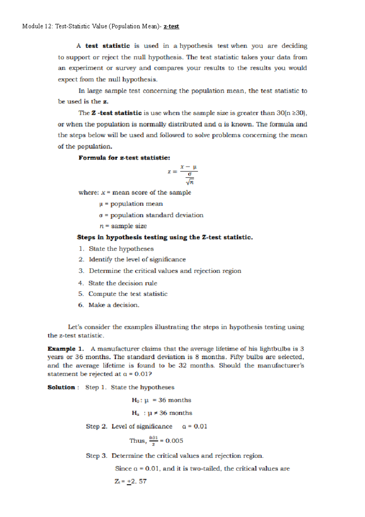 Module-12-13 - modulee - Module 12: Test-Statistic Value (Population ...