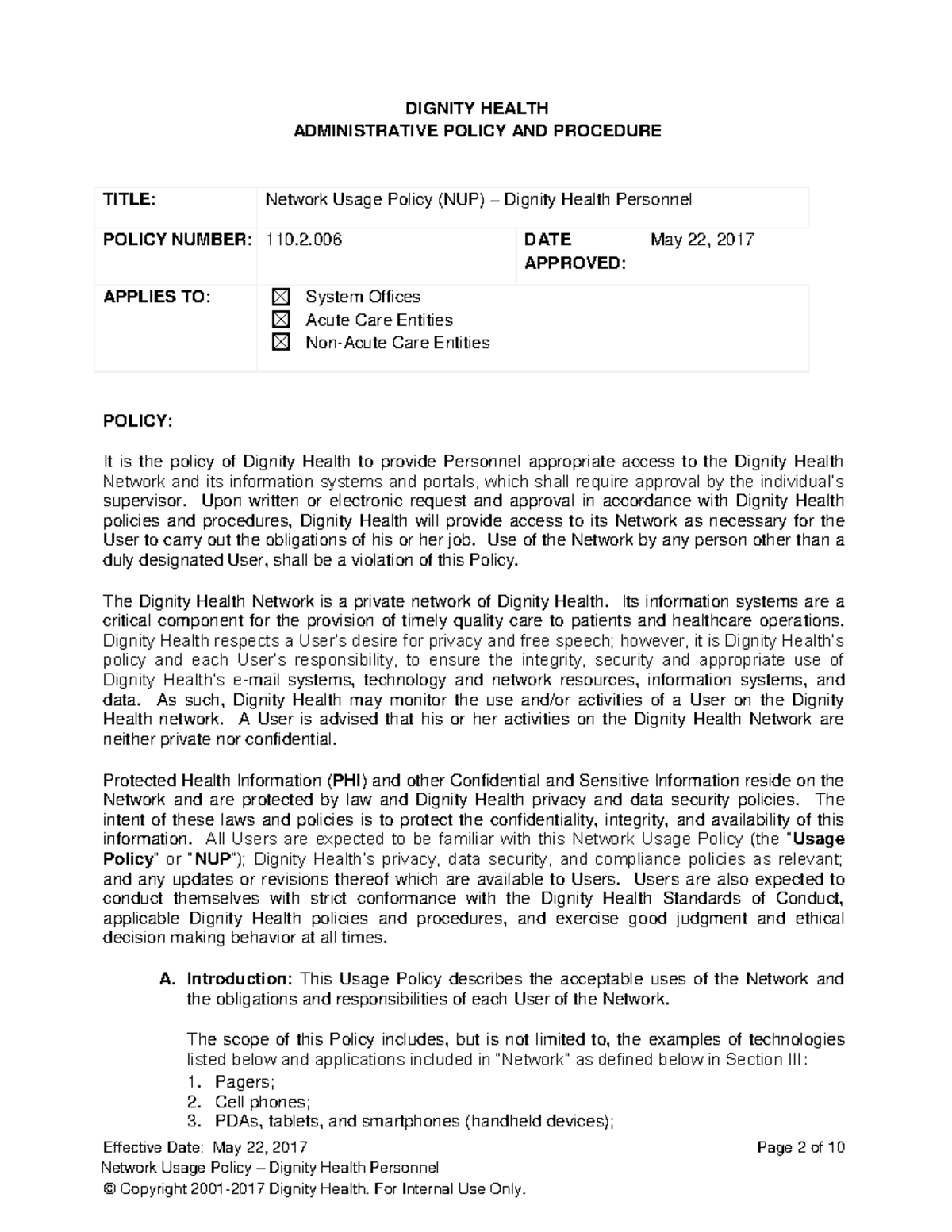 F. DH Network Usage Policy - DIGNITY HEALTH ADMINISTRATIVE POLICY AND ...